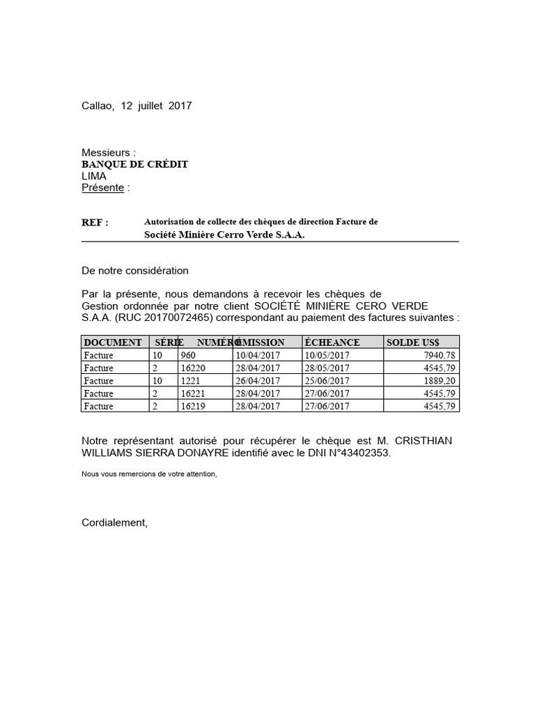 Autorisation de collecte de chèques | PDF