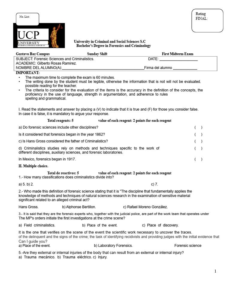 1st Exam Forensic Sciences and Criminalistics Mr. | PDF | Forensic ...