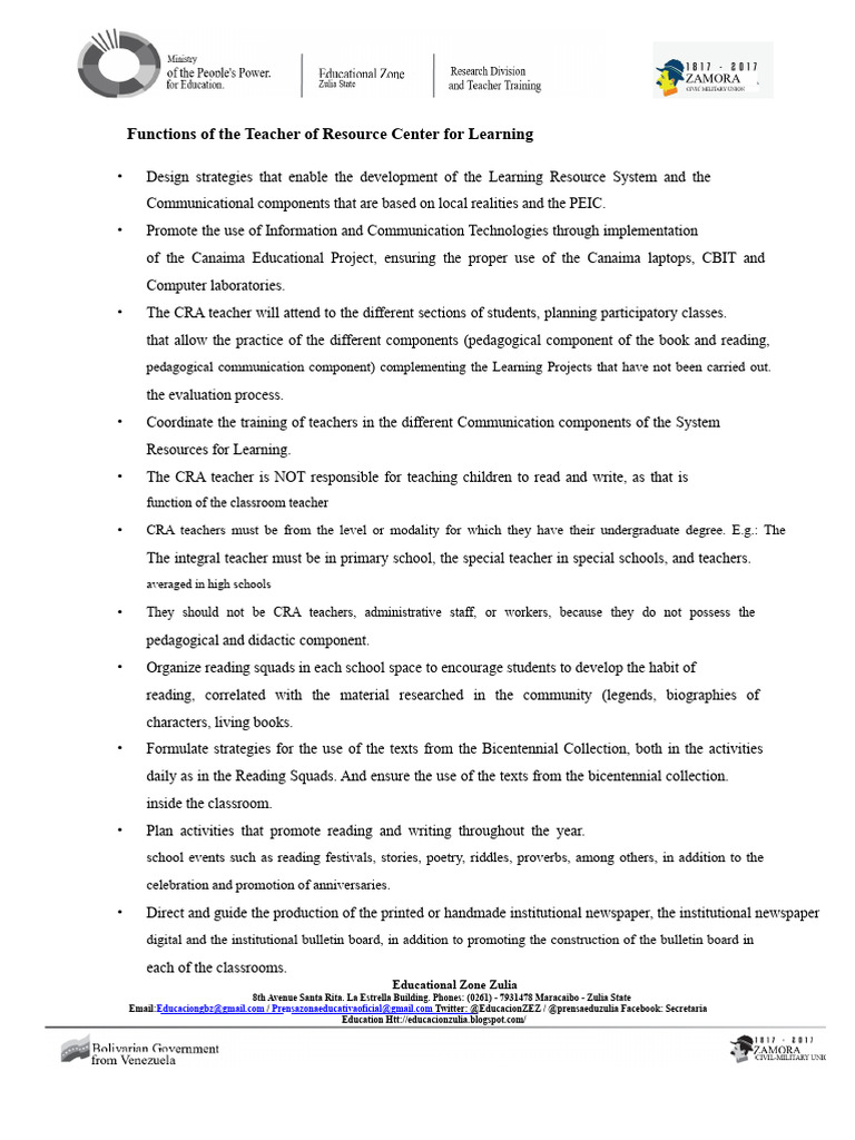 Functions of the CRA Teacher | PDF | Teachers | Libraries