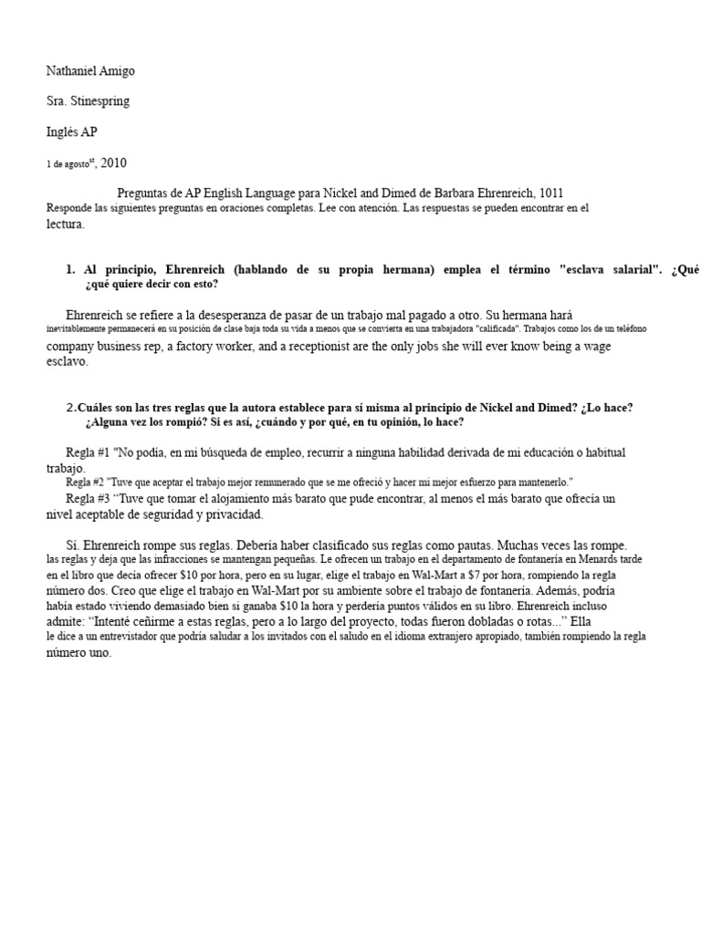 Respuestas para Nickel and Dimed de Barbara Ehrenreich (2) | PDF ...
