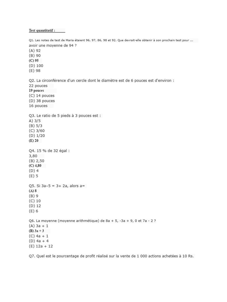 Test de mathématiques : questions et réponses | PDF