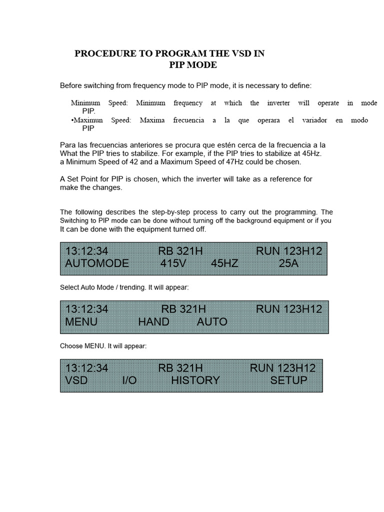 VSD Programming Procedure for PIP Mode | PDF | Hertz | Frequency