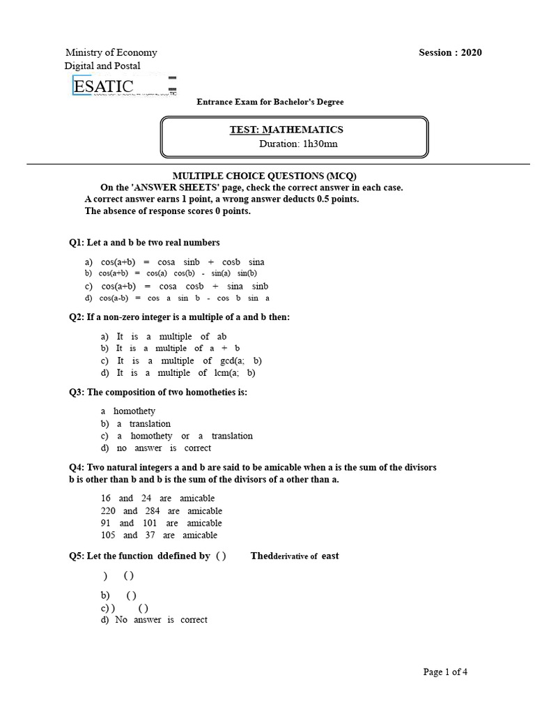LMath - Subject 1 ESATIC competition 2020 | PDF | Multiple Choice ...