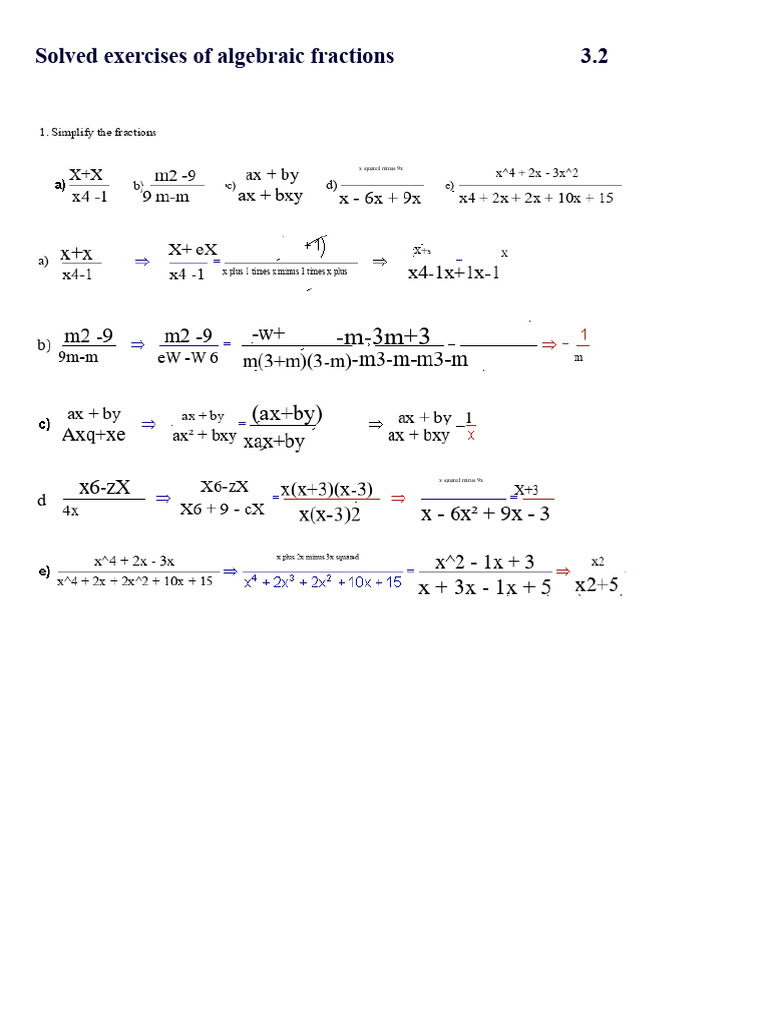 Algebraic Fractions Exercises Solved | PDF | Factorization | Polynomial