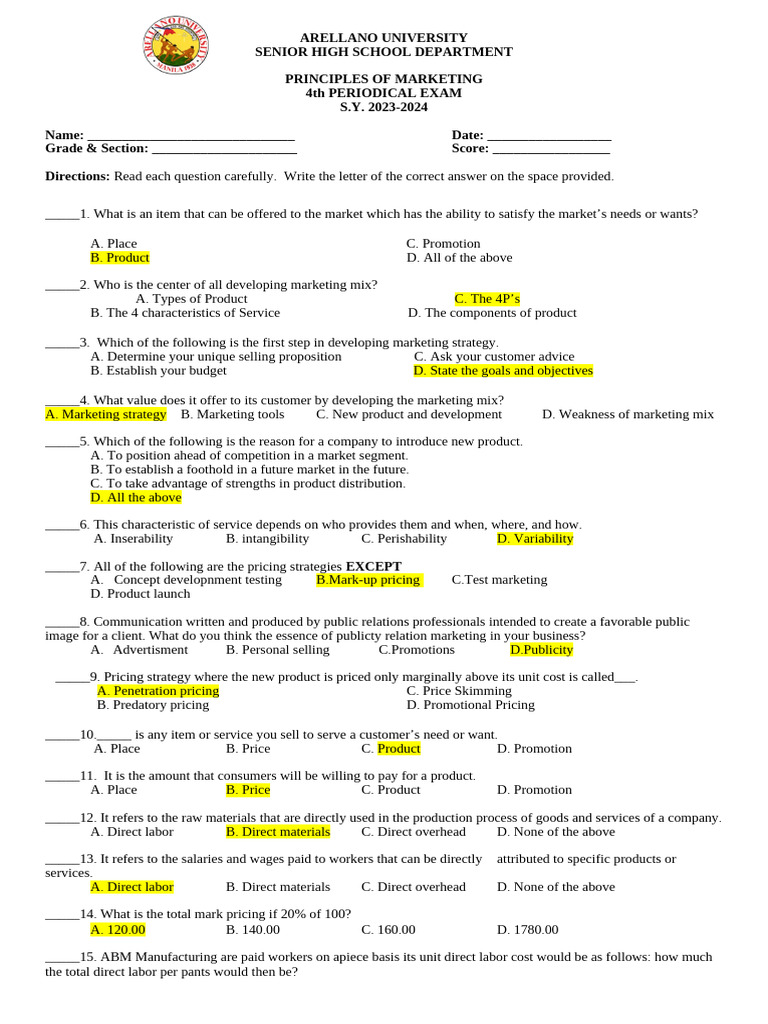 Arellano University Marketing Exam 2023 | PDF | Marketing | Pricing