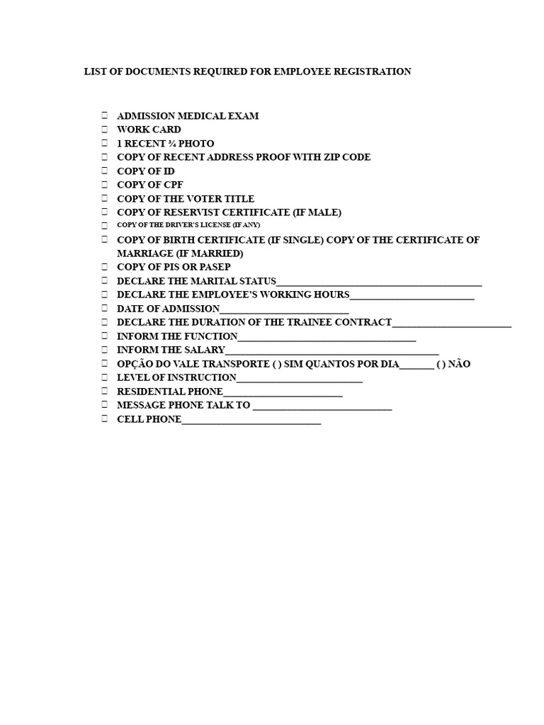 Employee Registration Document Checklist | PDF