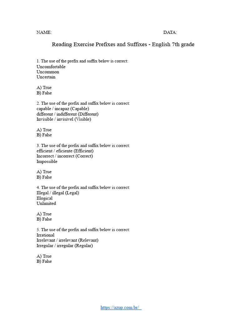 Reading Exercise - Prefixes and Suffixes - English 7th Grade | PDF