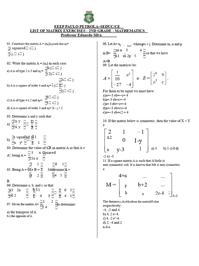 List of Matrix Exercises | PDF | Matrix (Mathematics) | Mathematical ...
