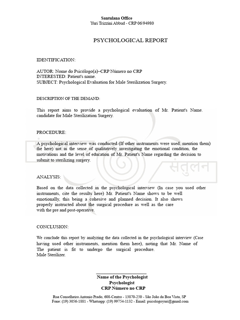 Psychological Report Model For Vasectomy | PDF