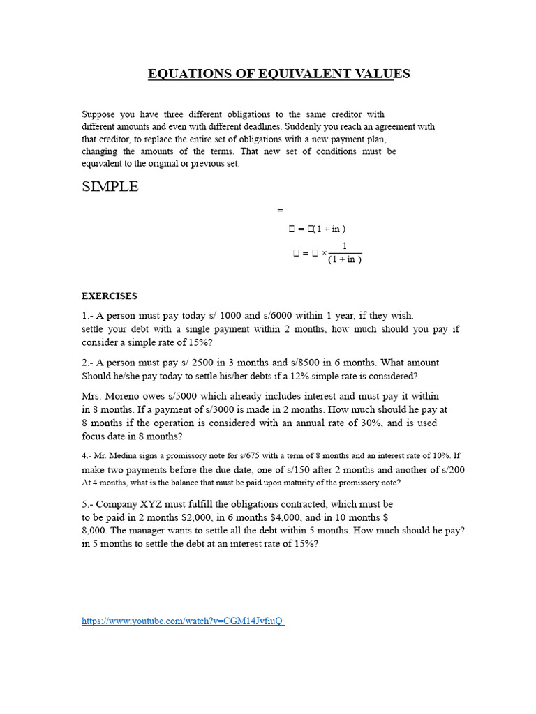 Equivalent Value Equations and Exercises | PDF | Interest | Compound ...