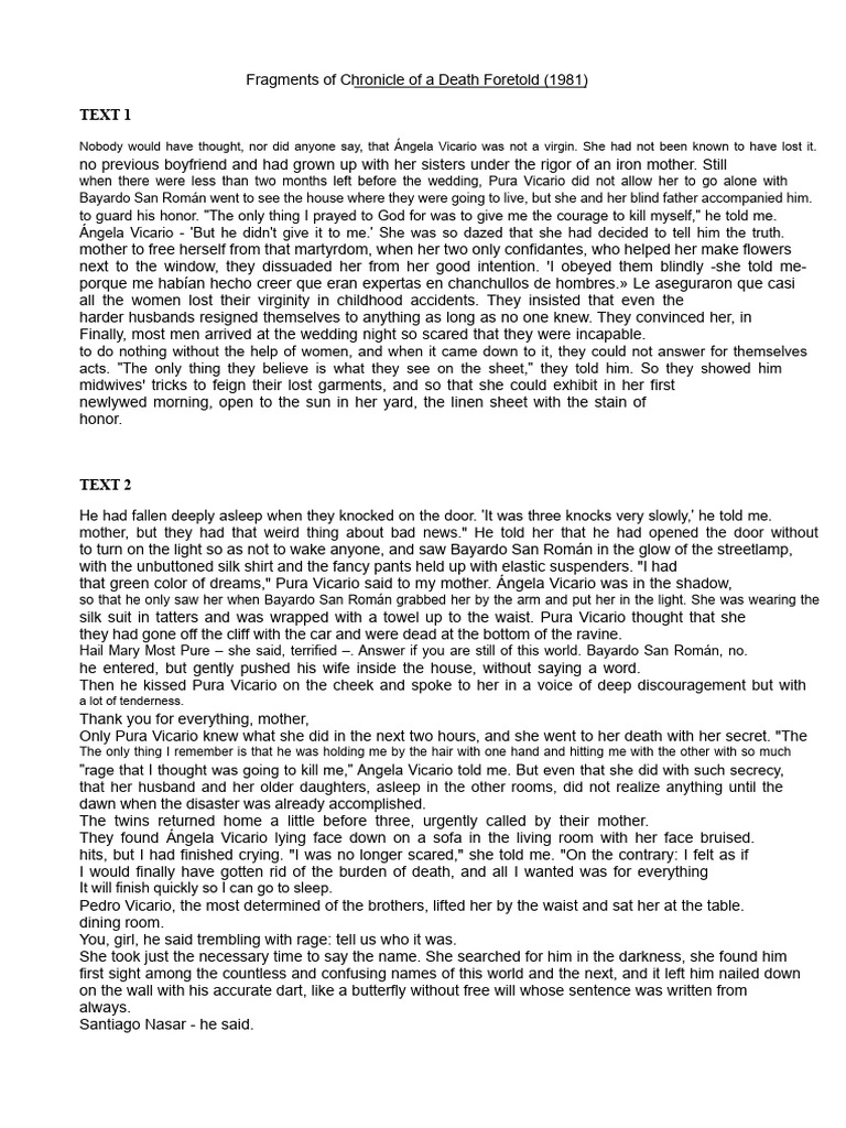 Fragments To Comment On From Chronicle of A Death Foretold PDF | PDF