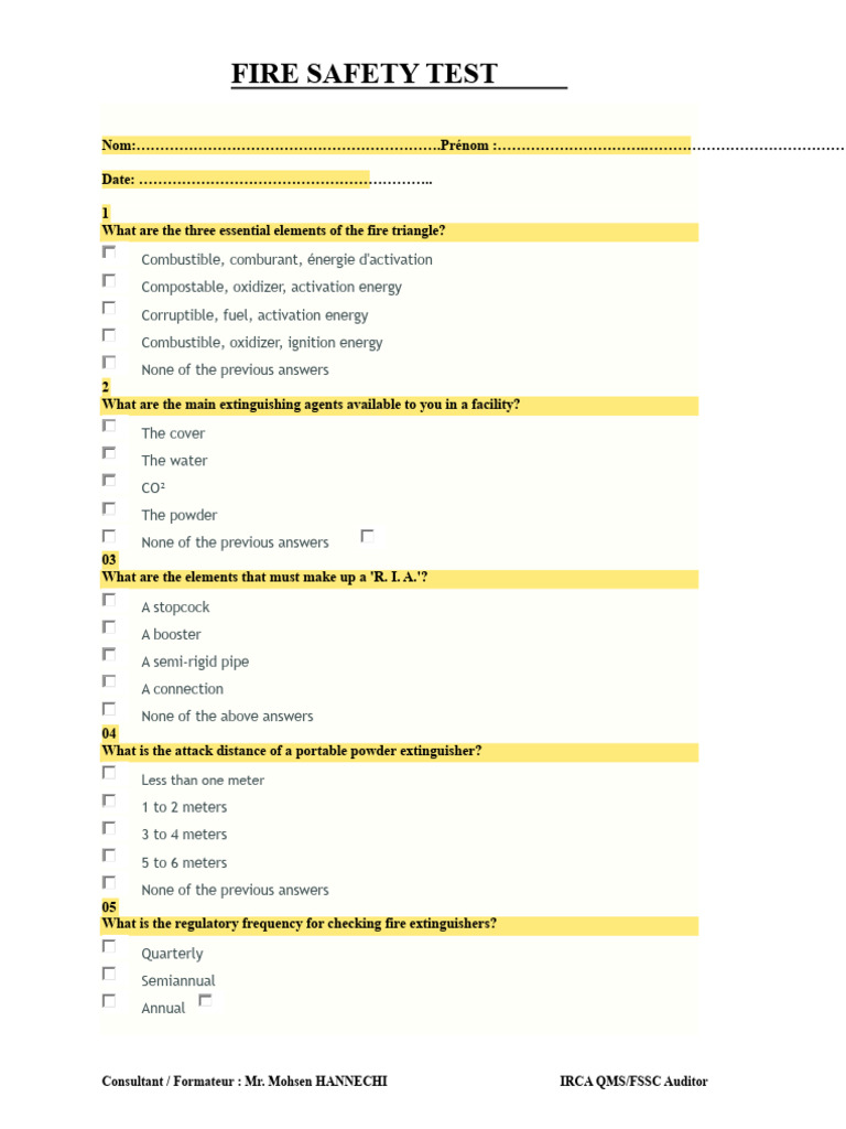 Fire Safety Test 2020 | PDF