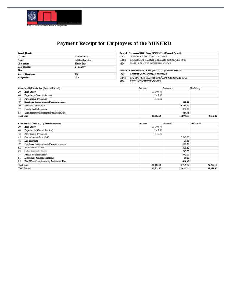 Employee Payment Receipt From The Ministry of Education (MINERD) | PDF | Payroll | Economies