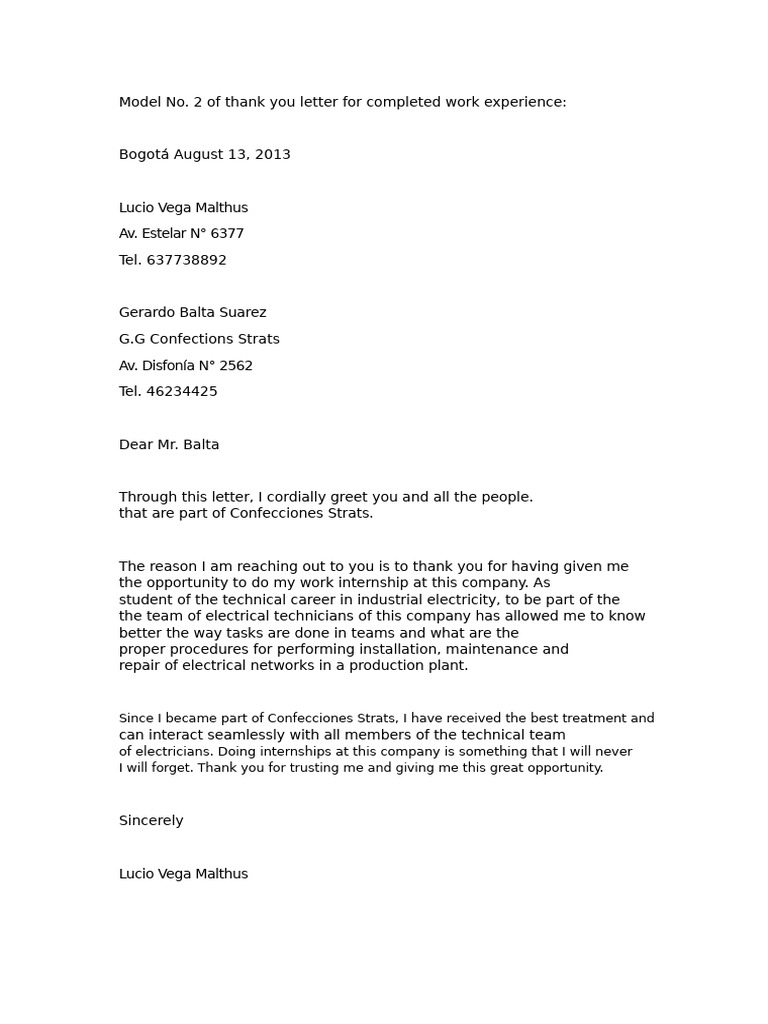 Thank You Letter for Internship Experience | PDF