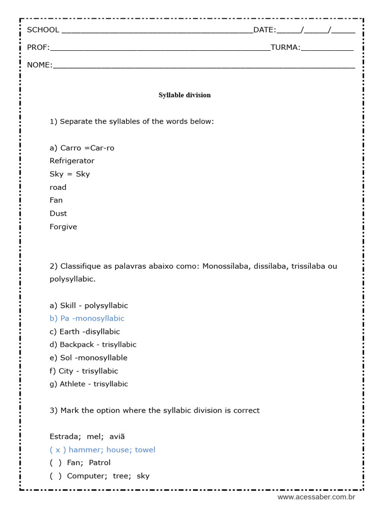 Syllabic Division 4th Grade With Answers | PDF