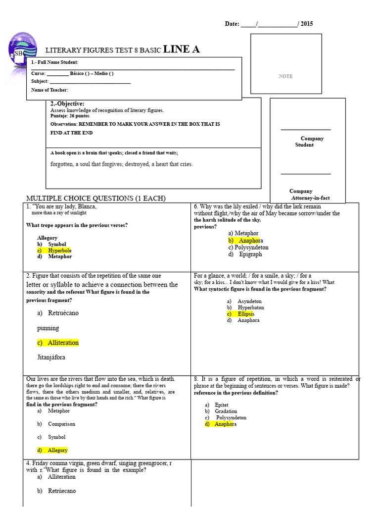 284815369 Literary Figures Test 3rd Year Row A with Solutions | PDF ...