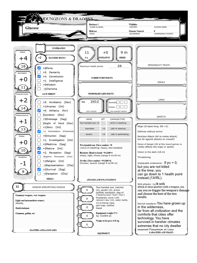 D&D 5 Character Sheet Barbarian Half-Orc Level 2 | PDF