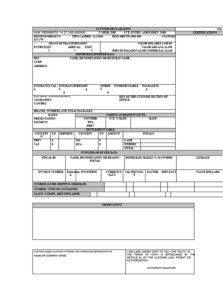 Empty Customs Declaration Form | PDF | Customs | Economies