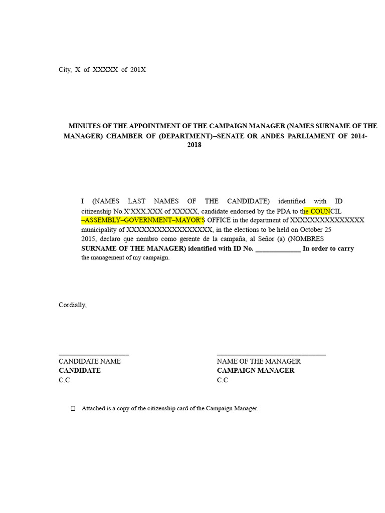 Model Letter of Appointment of Campaign Manager | PDF