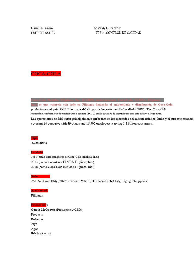 Control de Calidad en Coca-Cola Filipinas | PDF | Coca Cola | Calidad ...