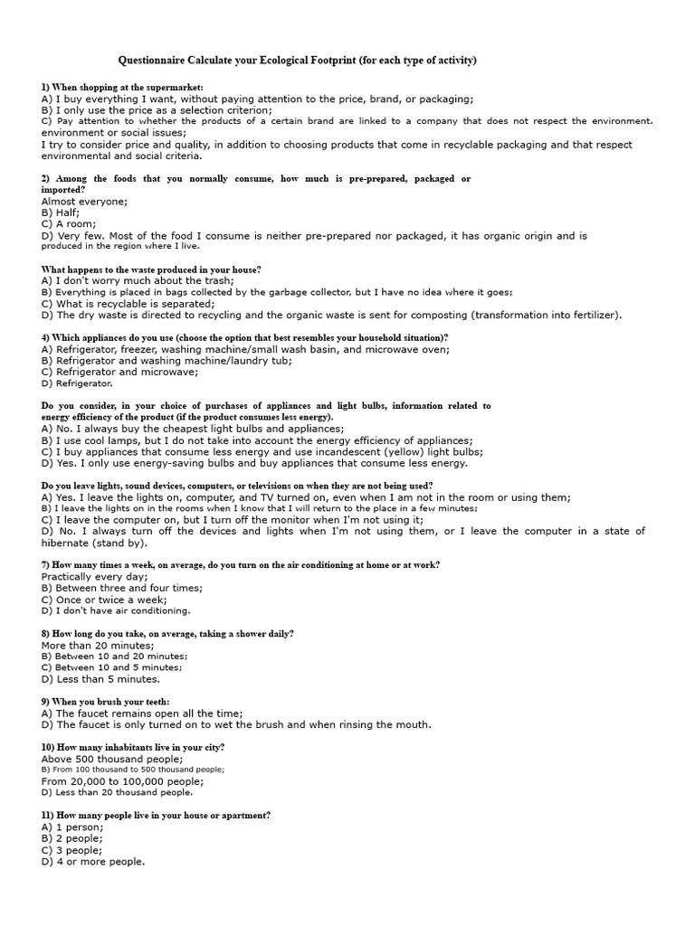 Questionnaire Calculate Your Ecological Footprint | PDF | Home ...