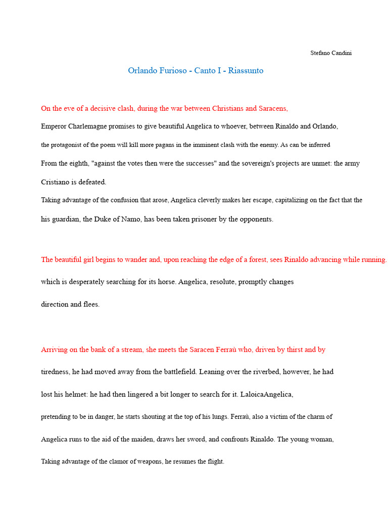 Orlando Furioso - Summary of Canto I | PDF