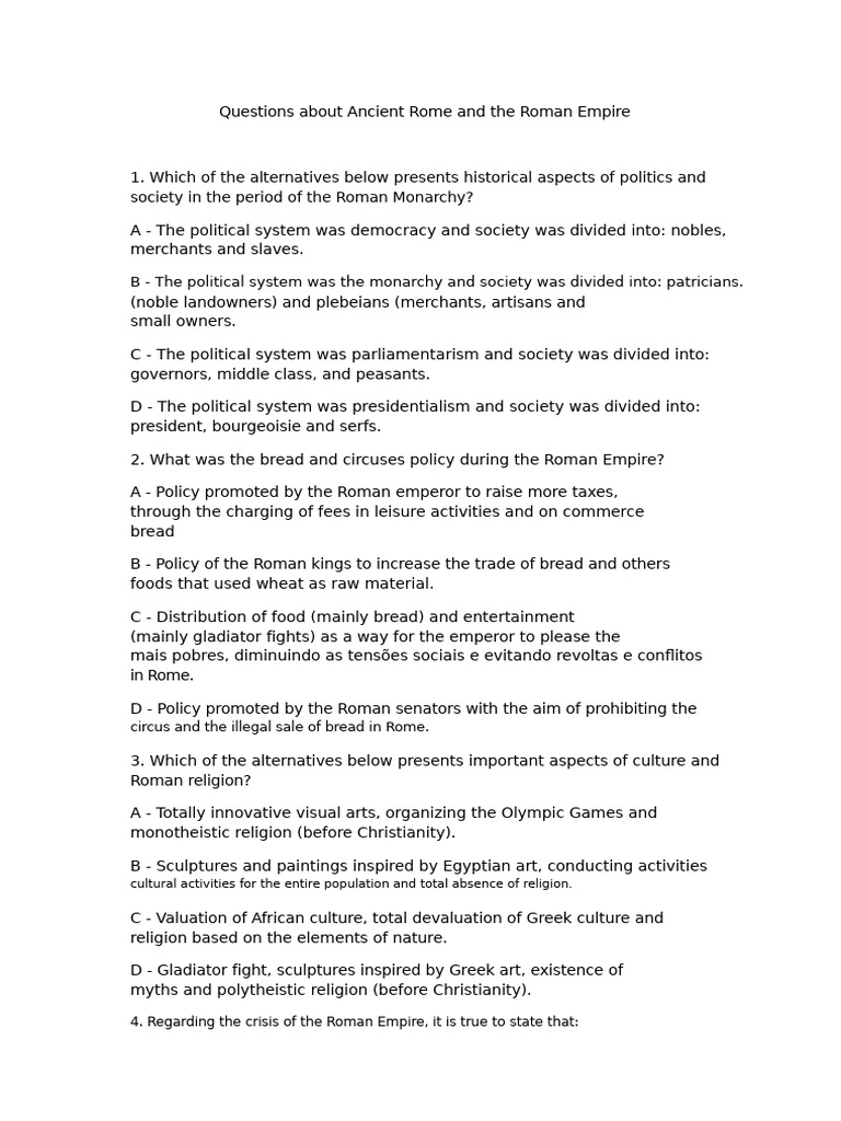 Questions About Ancient Rome and the Roman Empire | PDF | Roman Empire ...