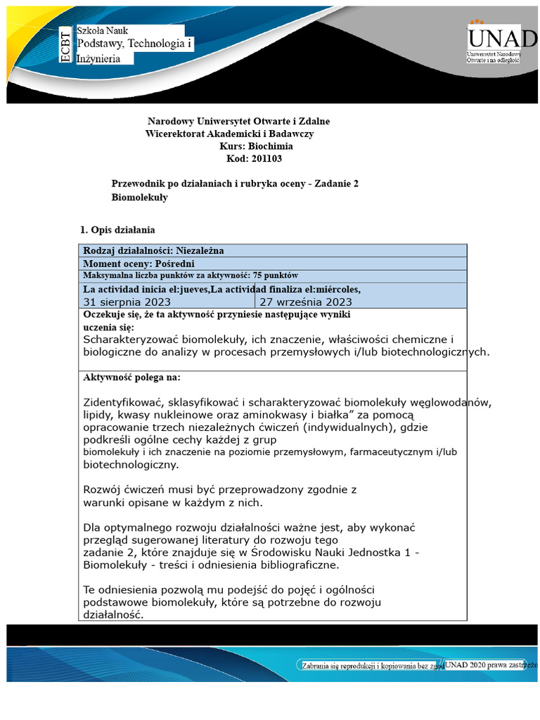 Jednostka 1 - Zadanie 2 - Biomolekuły (2) Biochemia | PDF