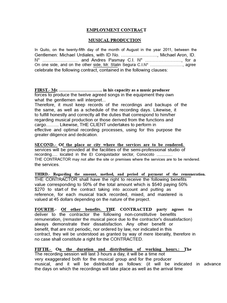 Employment Contract for Music Production | PDF | Confidentiality ...