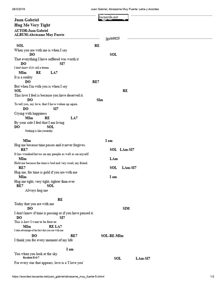Juan Gabriel, Hug Me Very Tight - Lyrics and Chords | PDF