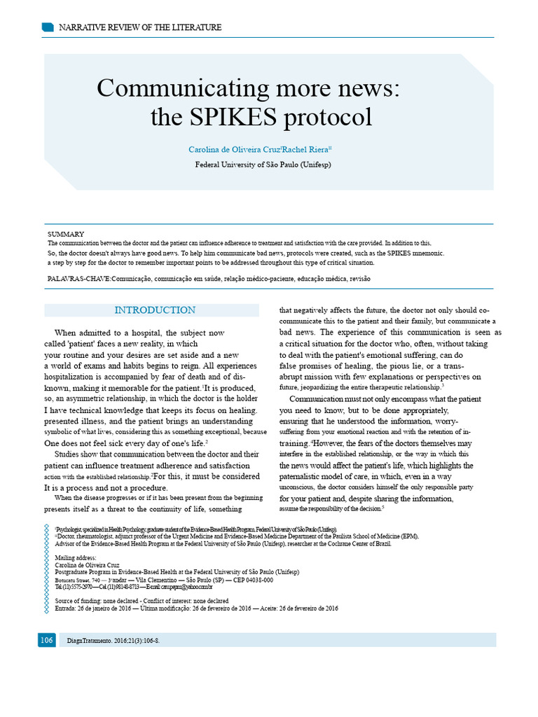 Communicating bad news: The SPIKES protocol.pdf | PDF | Pub Med ...