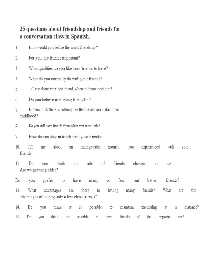 Spanish Conversation Questions on Friendship | PDF | Friendship | Chess ...