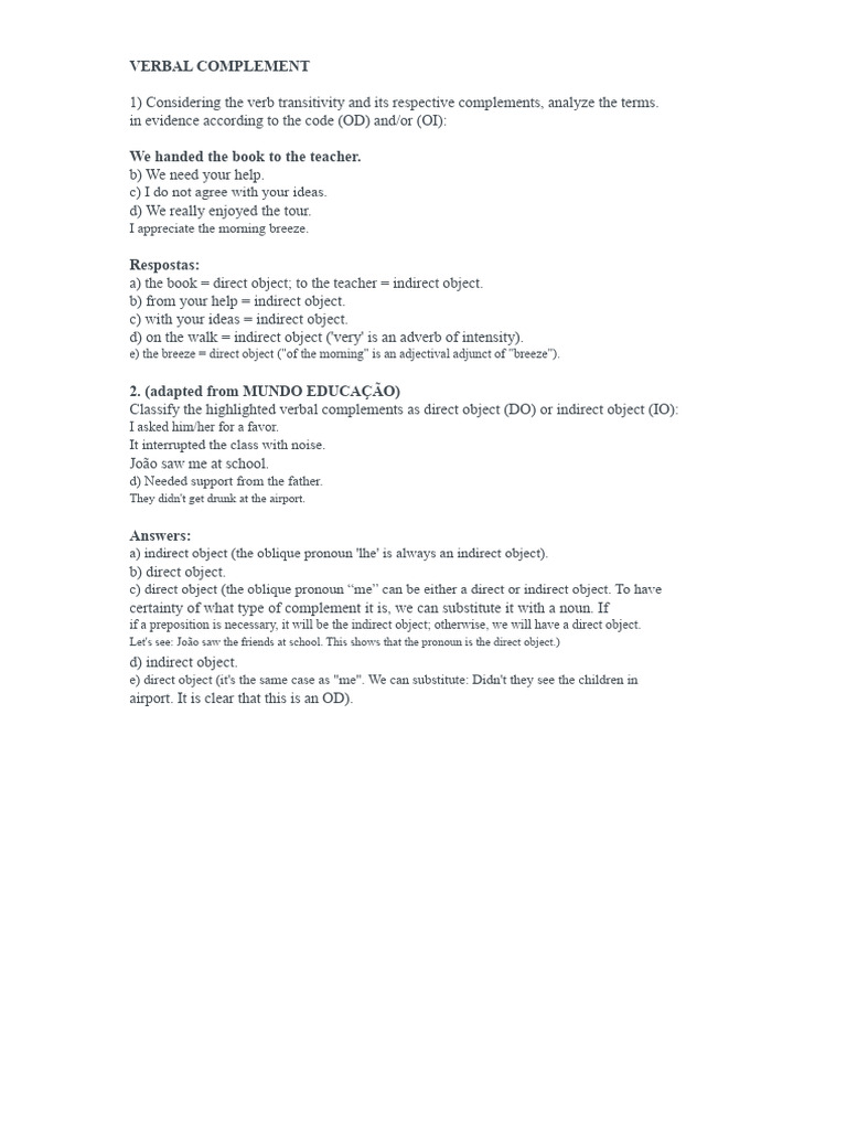 VERBAL COMPLEMENT EXERCISES | PDF