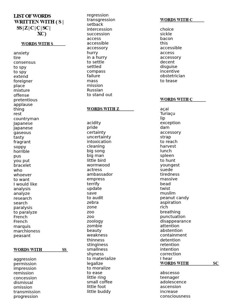 List of Words Written With s Ss Sc | PDF