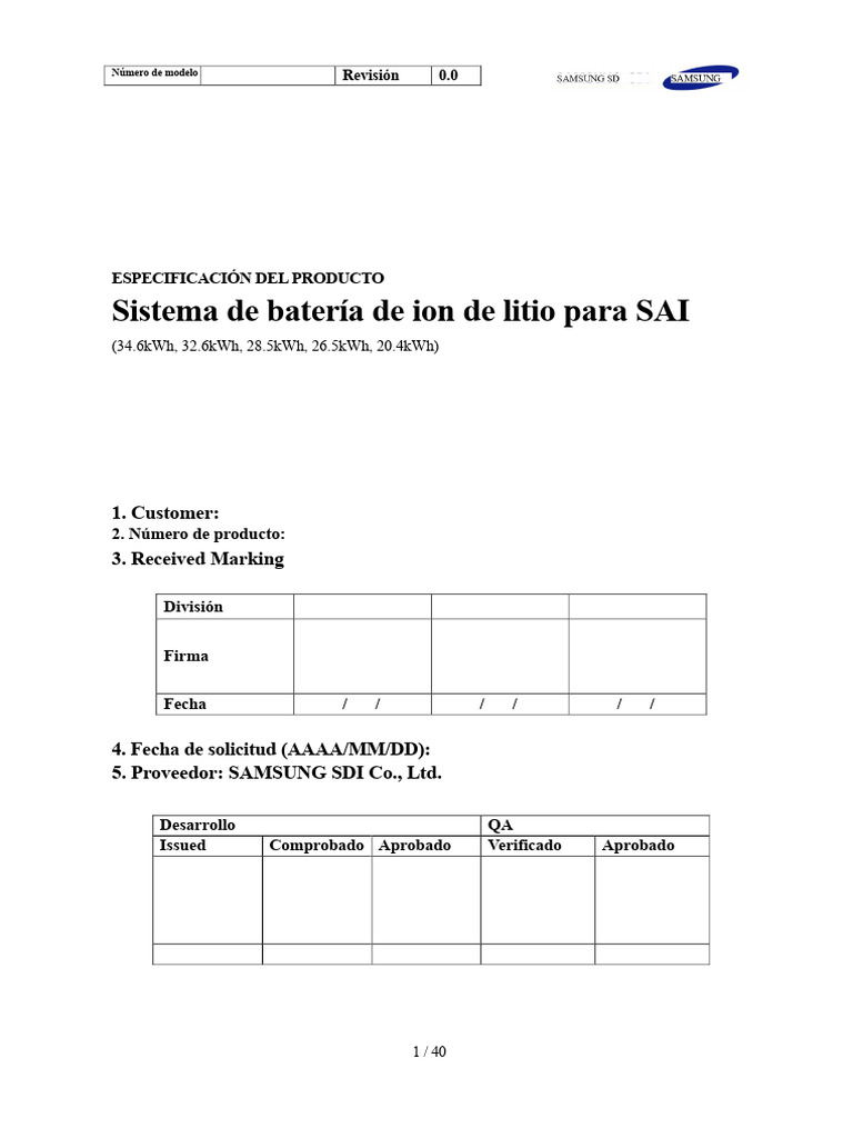 Especificación Del Producto Del Sistema de Batería SAMSUNG LIB para UPS ...