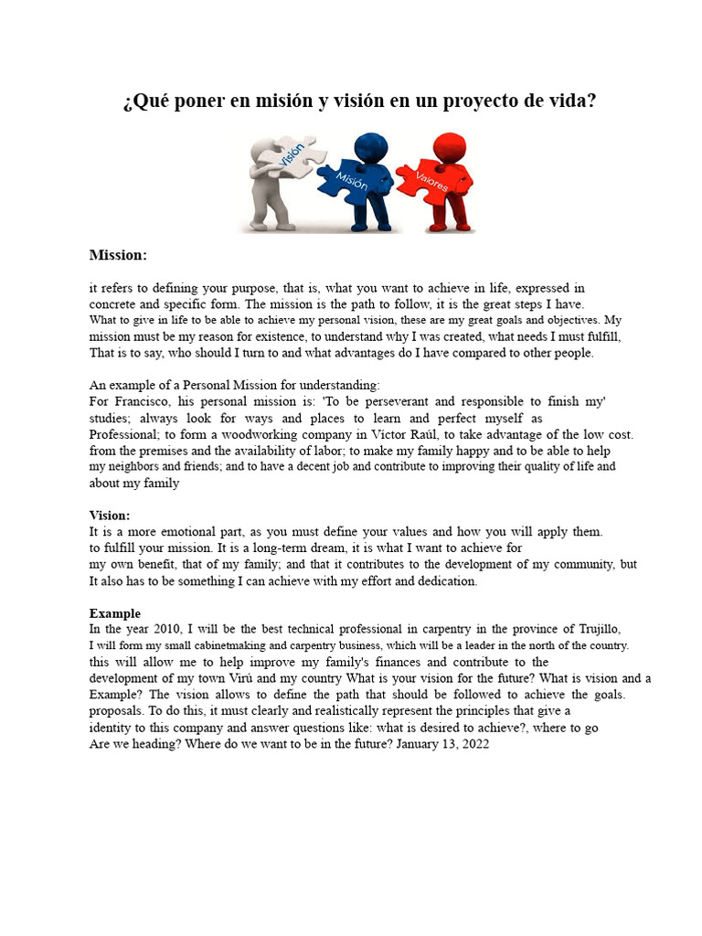 What To Include in The Mission and Vision of A Life Project | PDF ...