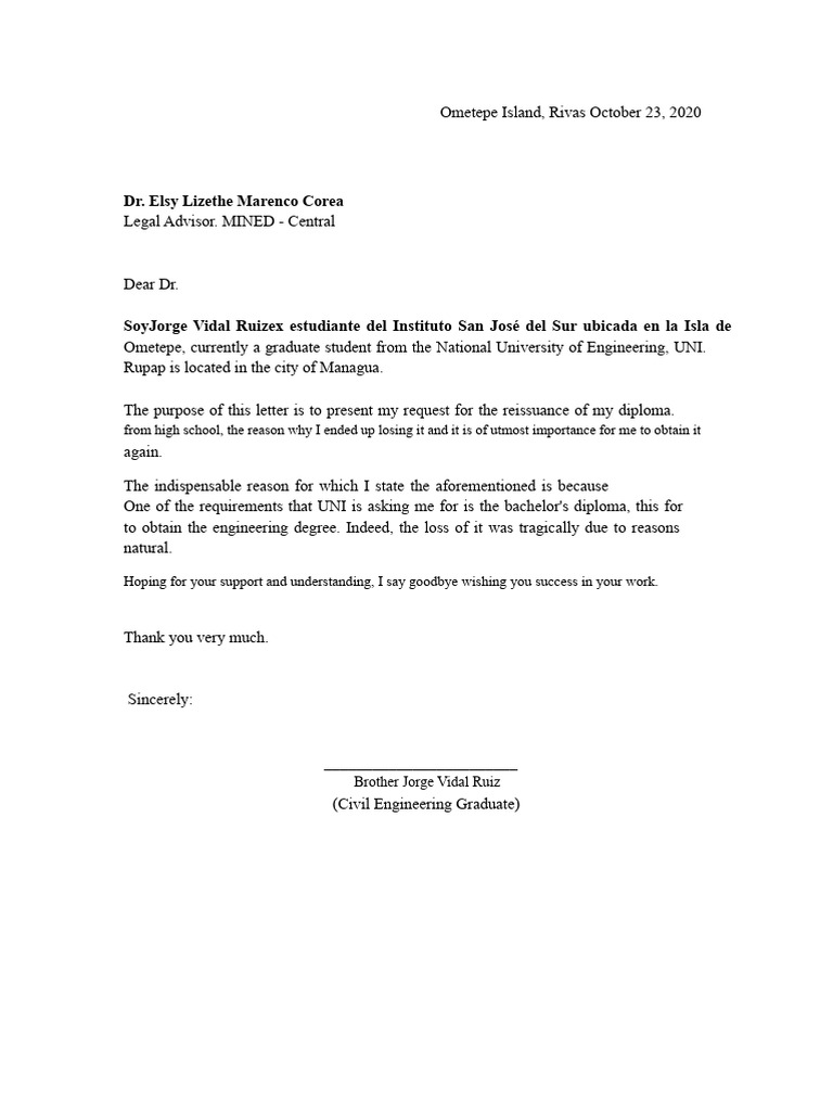 Letter Requesting Replacement of High School Diploma | PDF