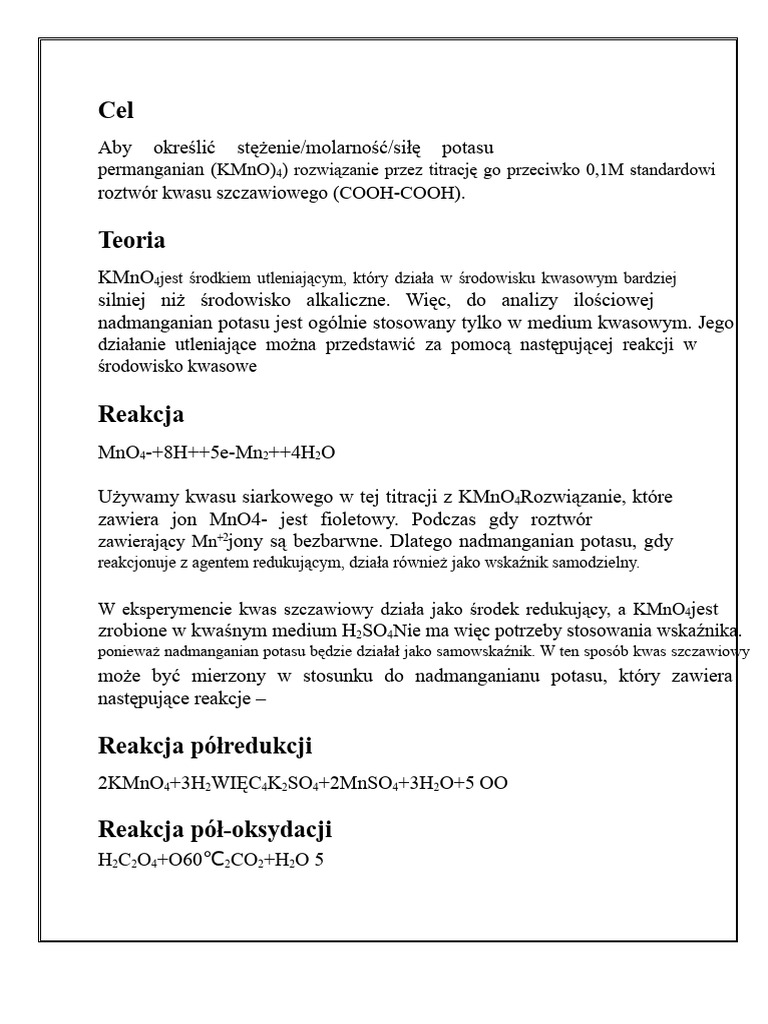 Titracja Kwasu Szczawiowego Z KMnO4 | PDF