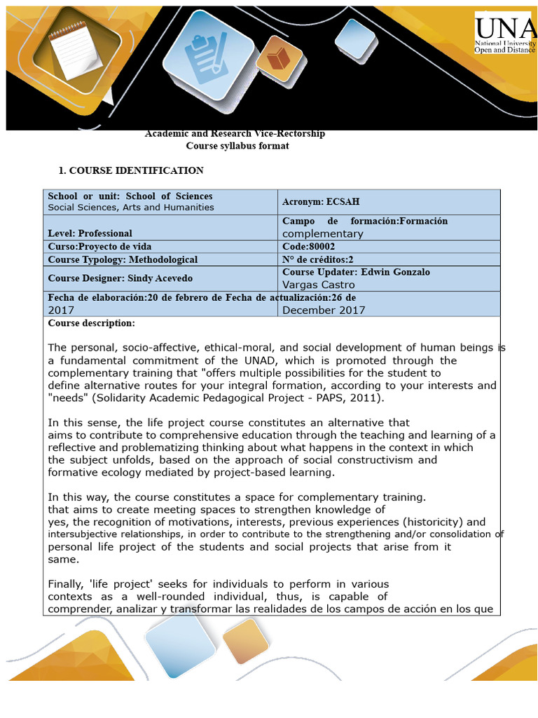 Life Project Course Syllabus UNAD | PDF | Well Being | Liberal Arts ...