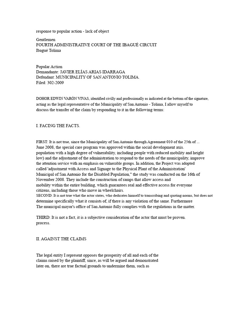 EXAMPLE OF popular action response.docx | PDF | Lawsuit | Judiciaries