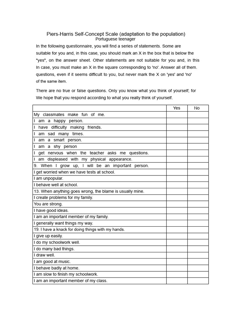 Piers-Harris Scale for Portuguese Teens | PDF | Self Concept | Adolescence