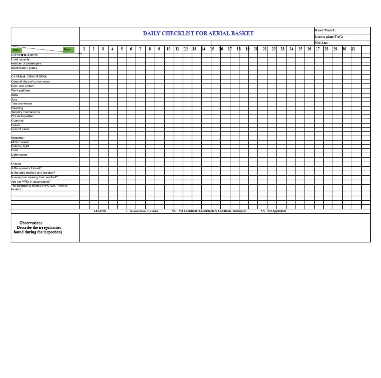 Aerial Basket Daily Inspection Checklist | PDF