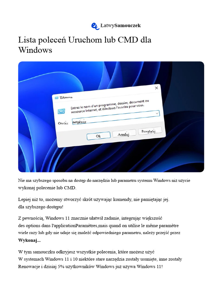 Lista Poleceń Uruchom Lub CMD Dla Systemu Windows - EasyTutoriel | PDF