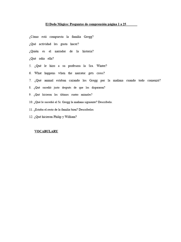 El Dedo Mágico - Preguntas de Comprensión Página 1 A 25 | PDF