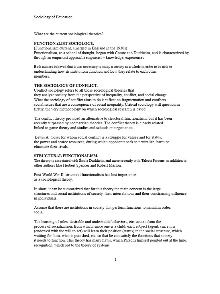 Current Sociological Theories and Sociology of Education | PDF ...