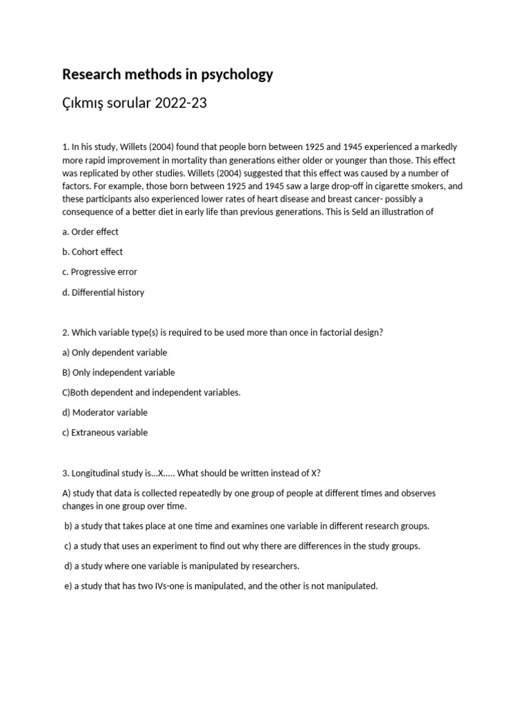 Psychology Research Methods Quiz 2022-23 | PDF | Experiment | Confounding