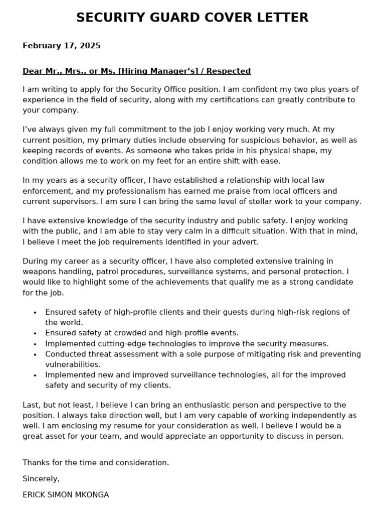 Security Officer Cover Letter Example | PDF
