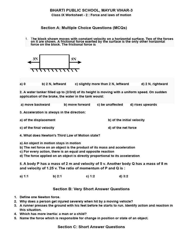 _Class IX Worksheet - 2 Force and Laws of Motion | PDF | Force | Newton ...