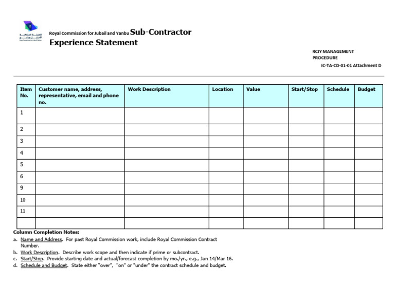 RCJY Sub-Contractor Experience Statement | PDF