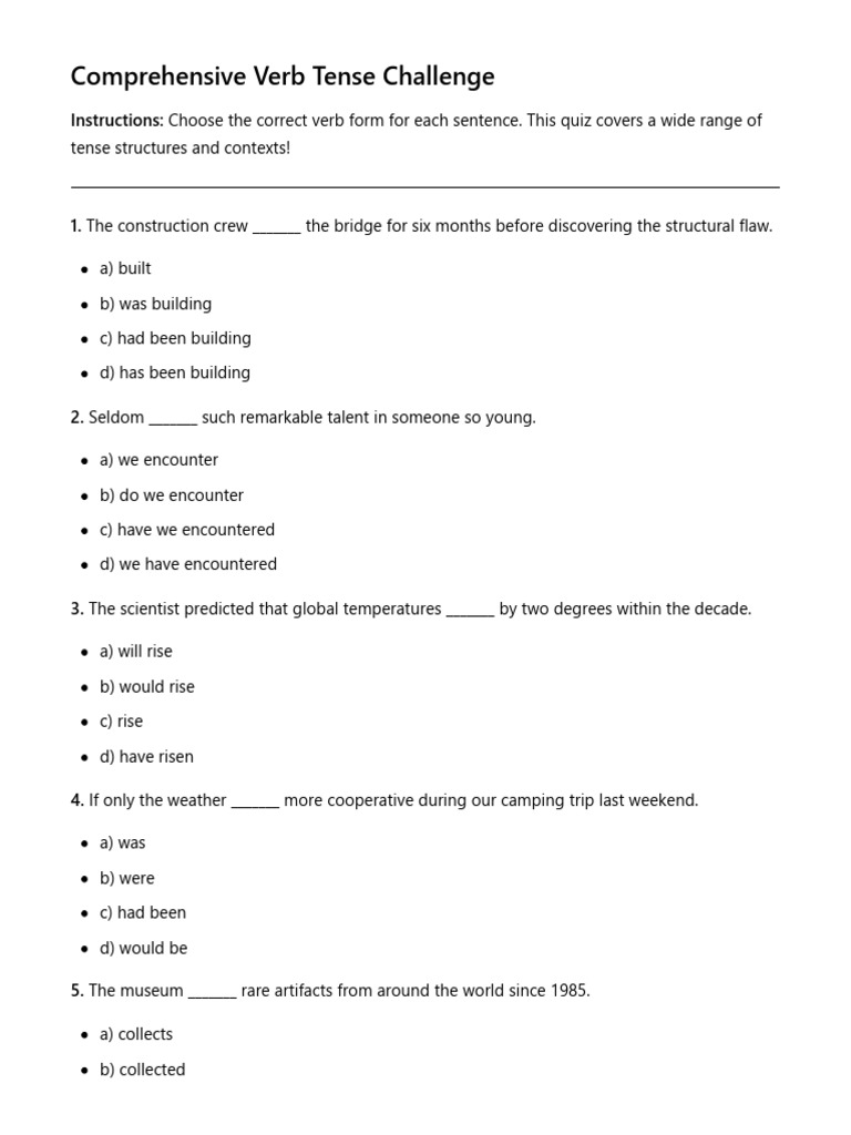 Verb Tense Mastery Quiz | PDF | Grammatical Tense | Semantics
